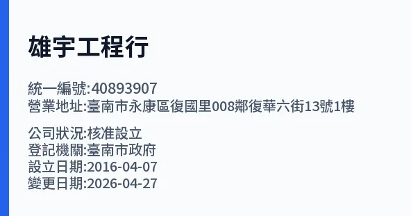 雄宇工程行的照片-統編 40893907(臺南市) 公司登記資料與營業項目詳細圖表