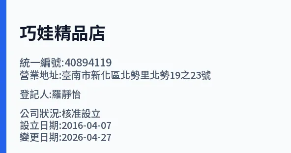 巧娃精品店的照片-統編 40894119(臺南市) 公司登記資料與營業項目詳細圖表