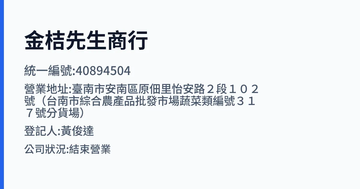 金桔先生商行 - 統編 40894504(臺南市) 公司登記資料與營業項目詳細圖表