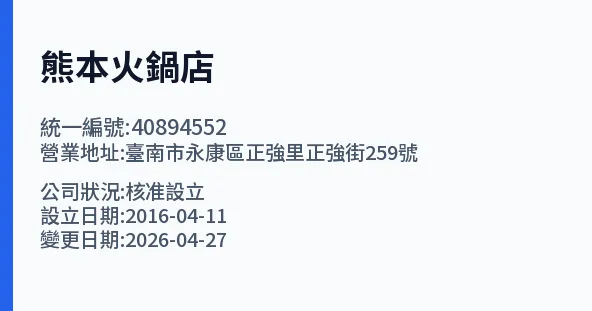 熊本火鍋店的照片-統編 40894552(臺南市) 公司登記資料與營業項目詳細圖表