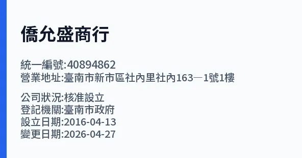 僑允盛商行的照片-統編 40894862(臺南市) 公司登記資料與營業項目詳細圖表