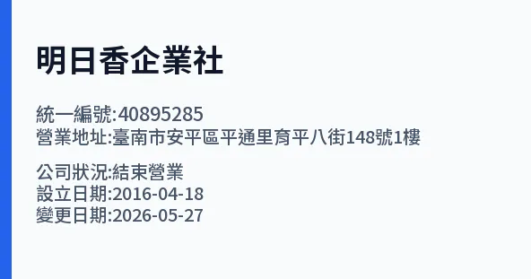 明日香企業社的照片-統編 40895285(臺南市) 公司登記資料與營業項目詳細圖表