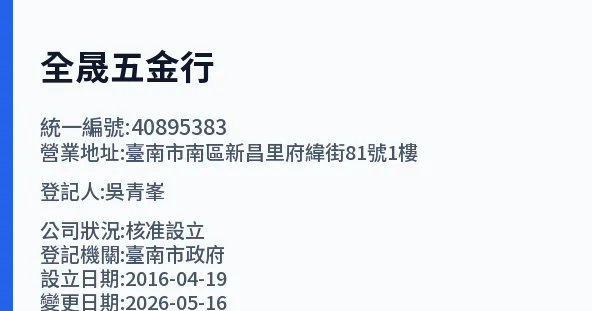 全晟五金行的照片-統編 40895383(臺南市) 公司登記資料與營業項目詳細圖表