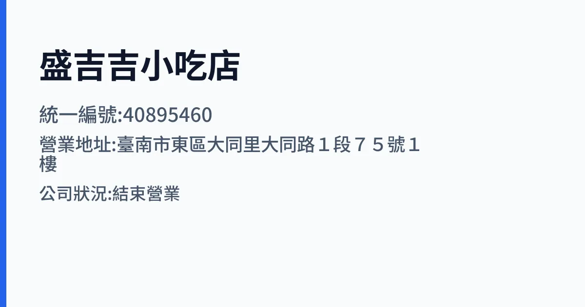 盛吉吉小吃店 - 統編 40895460(臺南市) 公司登記資料與營業項目詳細圖表