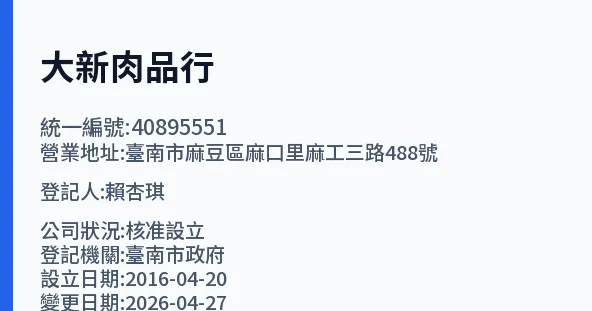 大新肉品行的照片-統編 40895551(臺南市) 公司登記資料與營業項目詳細圖表
