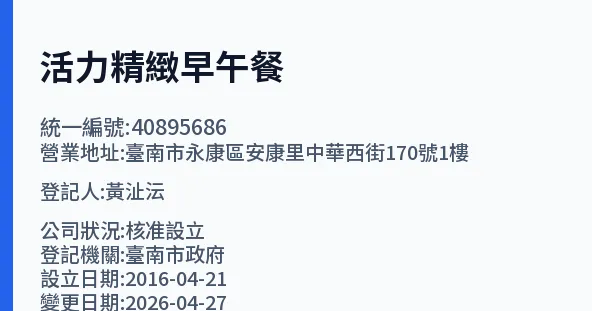 活力精緻早午餐的照片-統編 40895686(臺南市) 公司登記資料與營業項目詳細圖表