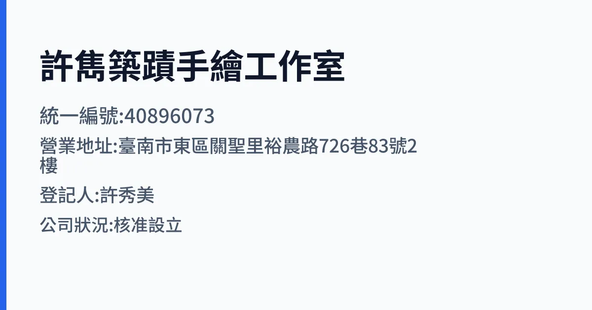 許雋築蹟手繪工作室 - 統編 40896073(臺南市) 公司登記資料與營業項目詳細圖表
