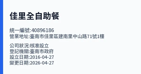 佳里全自助餐的照片-統編 40896186(臺南市) 公司登記資料與營業項目詳細圖表