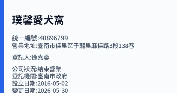 璞馨愛犬窩的照片-統編 40896799(臺南市) 公司登記資料與營業項目詳細圖表