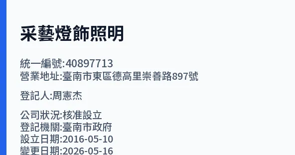 采藝燈飾照明的照片-統編 40897713(臺南市) 公司登記資料與營業項目詳細圖表