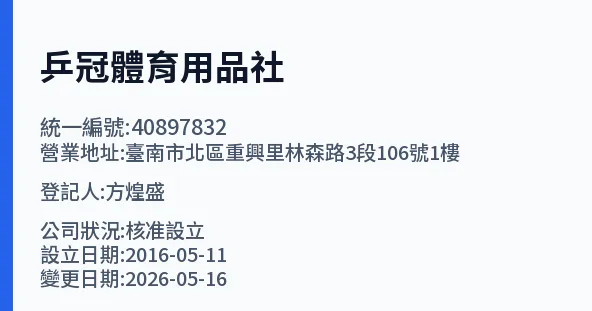 乒冠體育用品社的照片-統編 40897832(臺南市) 公司登記資料與營業項目詳細圖表