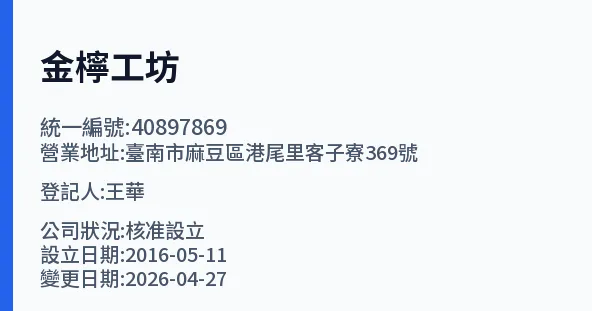 金檸工坊的照片-統編 40897869(臺南市) 公司登記資料與營業項目詳細圖表