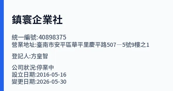 鎮寰企業社的照片-統編 40898375(臺南市) 公司登記資料與營業項目詳細圖表