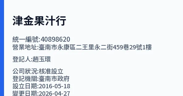 津金果汁行的照片-統編 40898620(臺南市) 公司登記資料與營業項目詳細圖表