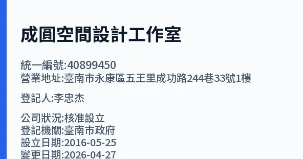 成圓空間設計工作室的照片-統編 40899450(臺南市) 公司登記資料與營業項目詳細圖表
