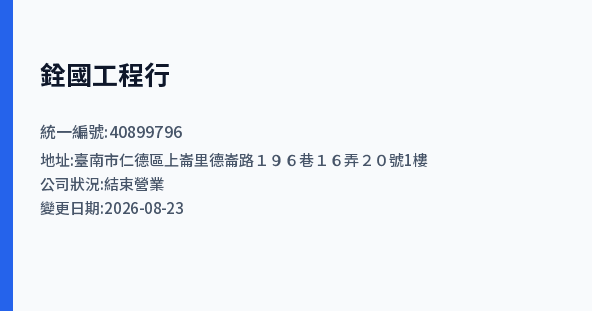 銓國工程行的照片-統編 40899796(臺南市) 公司登記資料與營業項目詳細圖表
