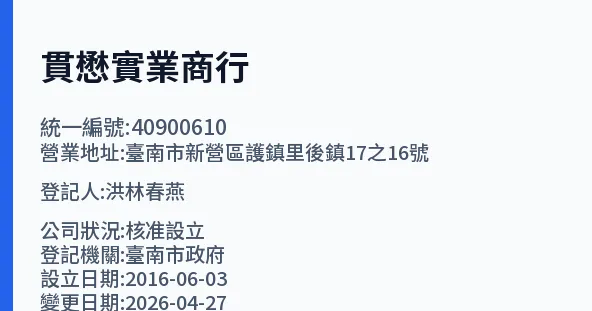 貫懋實業商行的照片-統編 40900610(臺南市) 公司登記資料與營業項目詳細圖表