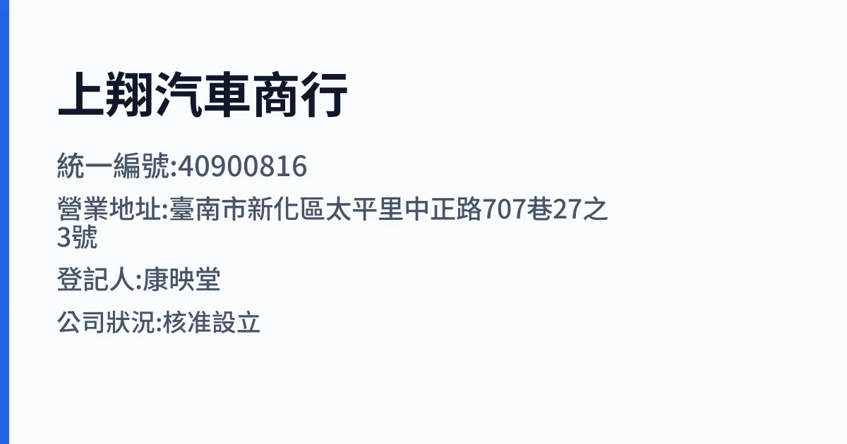 上翔汽車商行 - 統編 40900816(臺南市) 公司登記資料與營業項目詳細圖表