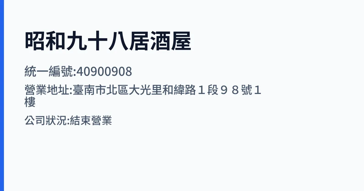 昭和九十八居酒屋 - 統編 40900908(臺南市) 公司登記資料與營業項目詳細圖表
