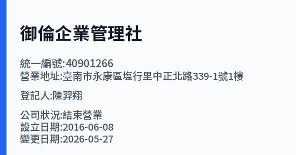 御倫企業管理社的照片-統編 40901266(臺南市) 公司登記資料與營業項目詳細圖表