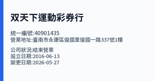 双天下運動彩券行的照片-統編 40901435(臺南市) 公司登記資料與營業項目詳細圖表