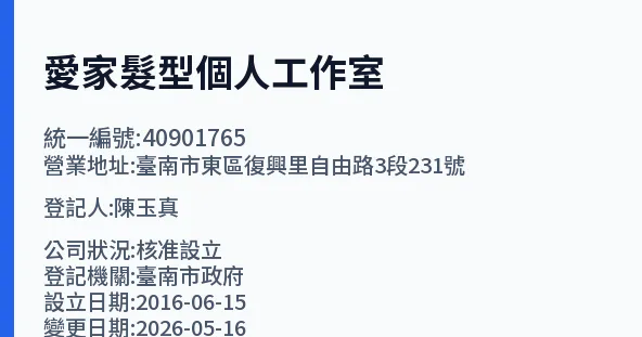 愛家髮型個人工作室的照片-統編 40901765(臺中市) 公司登記資料與營業項目詳細圖表
