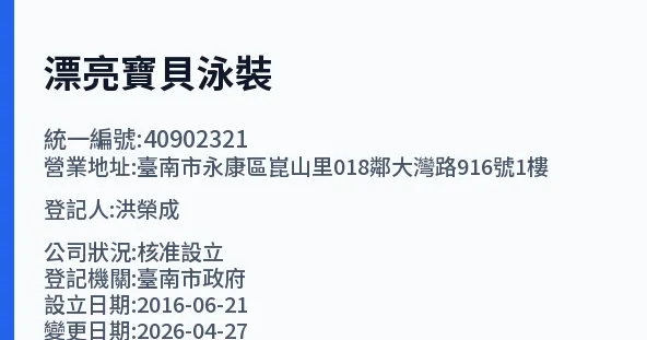 漂亮寶貝泳裝的照片-統編 40902321(臺南市) 公司登記資料與營業項目詳細圖表