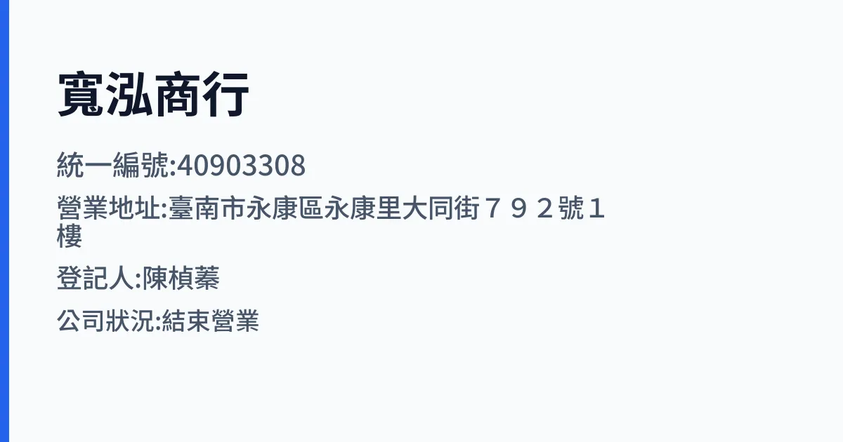 寬泓商行 - 統編 40903308(臺南市) 公司登記資料與營業項目詳細圖表