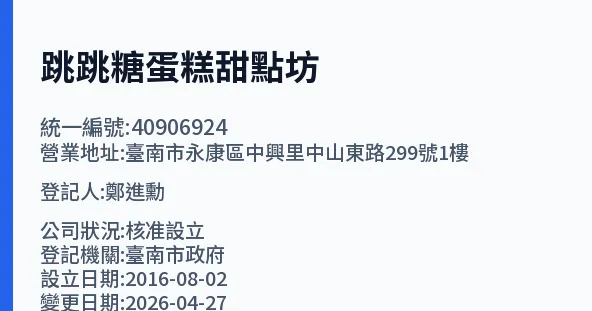 跳跳糖蛋糕甜點坊的照片-統編 40906924(臺南市) 公司登記資料與營業項目詳細圖表