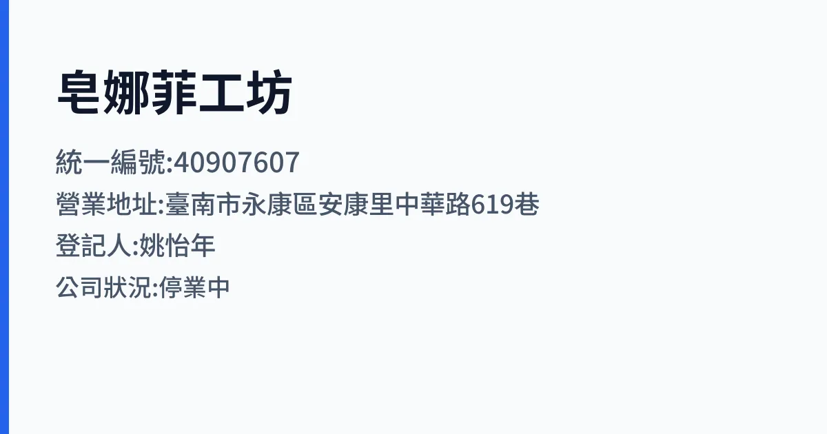皂娜菲工坊 - 統編 40907607(臺南市) 公司登記資料與營業項目詳細圖表