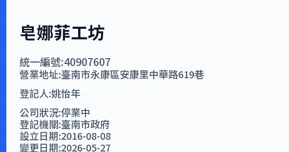 皂娜菲工坊的照片-統編 40907607(臺南市) 公司登記資料與營業項目詳細圖表