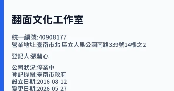 翻面文化工作室的照片-統編 40908177(臺南市) 公司登記資料與營業項目詳細圖表