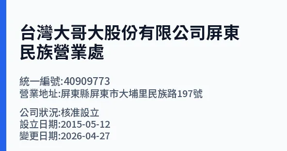 台灣大哥大股份有限公司屏東民族營業處的照片-統編 40909773(屏東縣) 公司登記資料與營業項目詳細圖表
