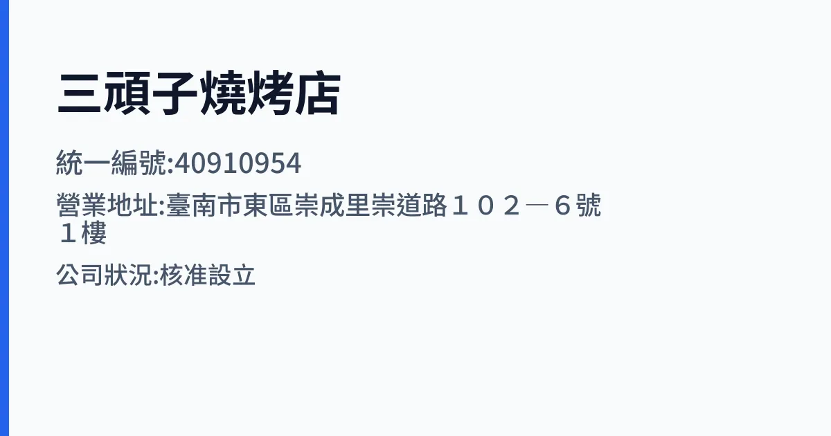 三頑子燒烤店 - 統編 40910954(臺南市) 公司登記資料與營業項目詳細圖表