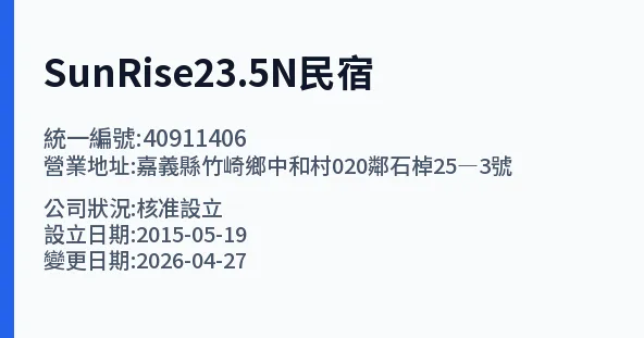 SunRise23.5N民宿的照片-統編 40911406(嘉義縣) 公司登記資料與營業項目詳細圖表