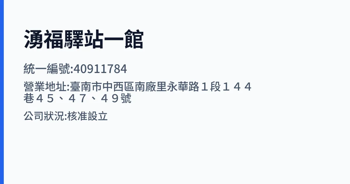 湧福驛站一館 - 統編 40911784(臺南市) 公司登記資料與營業項目詳細圖表