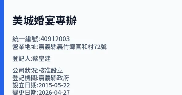 美城婚宴專辦的照片-統編 40912003(嘉義縣) 公司登記資料與營業項目詳細圖表