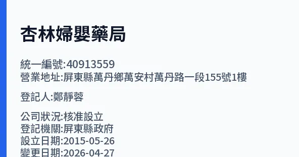 杏林婦嬰藥局的照片-統編 40913559(屏東縣) 公司登記資料與營業項目詳細圖表