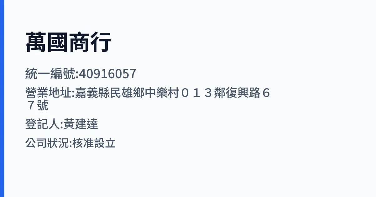 萬國商行 - 統編 40916057(嘉義縣) 公司登記資料與營業項目詳細圖表