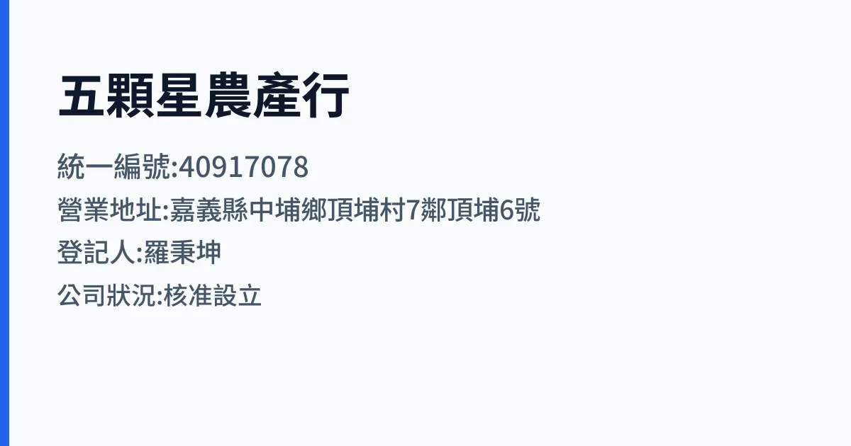 五顆星農產行 - 統編 40917078(嘉義縣) 公司登記資料與營業項目詳細圖表