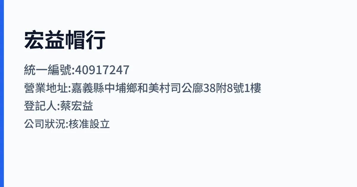 宏益帽行 - 統編 40917247(嘉義縣) 公司登記資料與營業項目詳細圖表