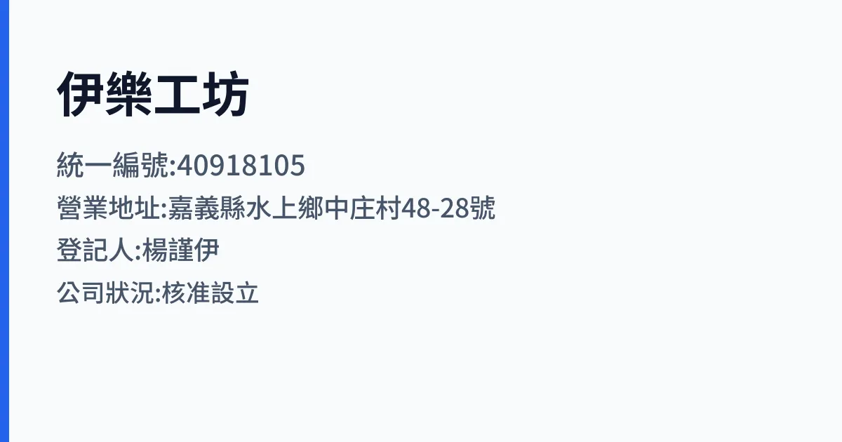 伊樂工坊 - 統編 40918105(嘉義縣) 公司登記資料與營業項目詳細圖表
