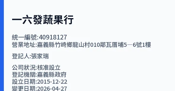 一六發蔬果行的照片-統編 40918127(嘉義縣) 公司登記資料與營業項目詳細圖表