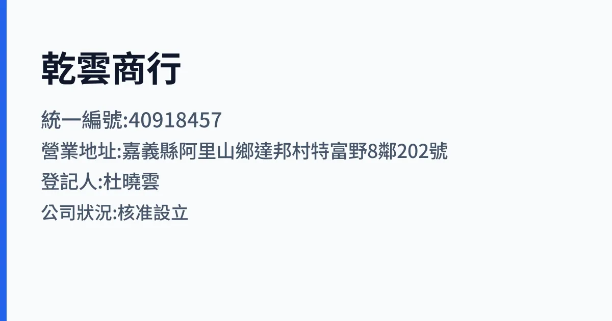 乾雲商行 - 統編 40918457(嘉義縣) 公司登記資料與營業項目詳細圖表