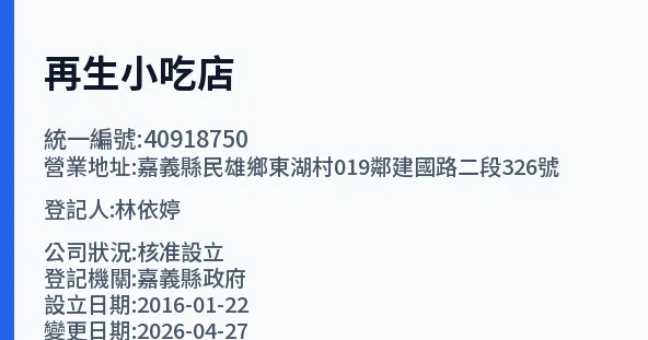 再生小吃店的照片-統編 40918750(嘉義縣) 公司登記資料與營業項目詳細圖表