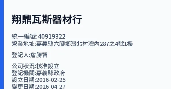 翔鼎瓦斯器材行的照片-統編 40919322(嘉義縣) 公司登記資料與營業項目詳細圖表