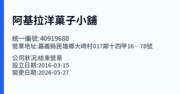 阿基拉洋菓子小舖的照片-統編 40919688(嘉義縣) 公司登記資料與營業項目詳細圖表