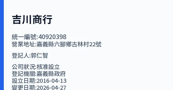 吉川商行的照片-統編 40920398(嘉義縣) 公司登記資料與營業項目詳細圖表