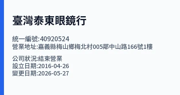 臺灣泰東眼鏡行的照片-統編 40920524(嘉義縣) 公司登記資料與營業項目詳細圖表