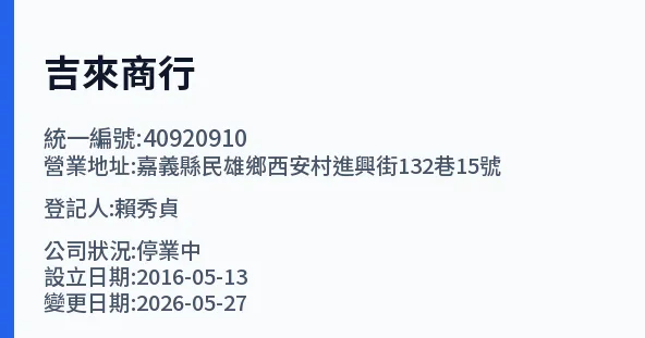 吉來商行的照片-統編 40920910(嘉義縣) 公司登記資料與營業項目詳細圖表
